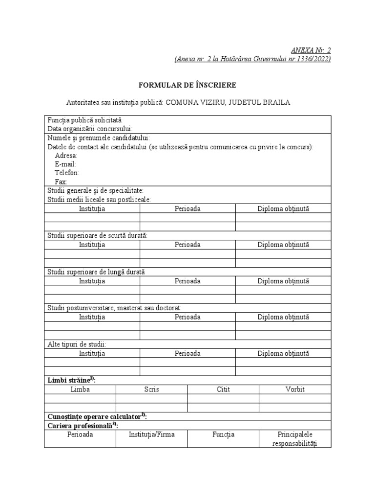 Anexa Nr. 2 Formular de Inscriere 1 HG 1336 2022 | PDF
