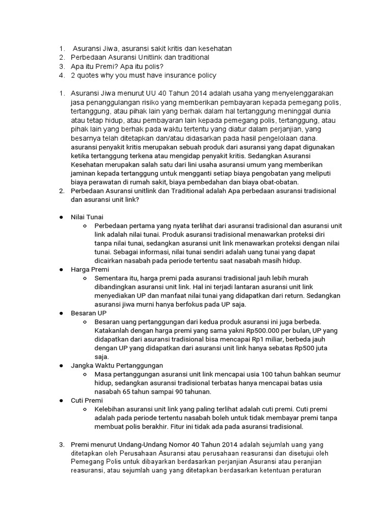 Asuransi Jiwa & Unit Link, Dan Istilah Asuransi | PDF