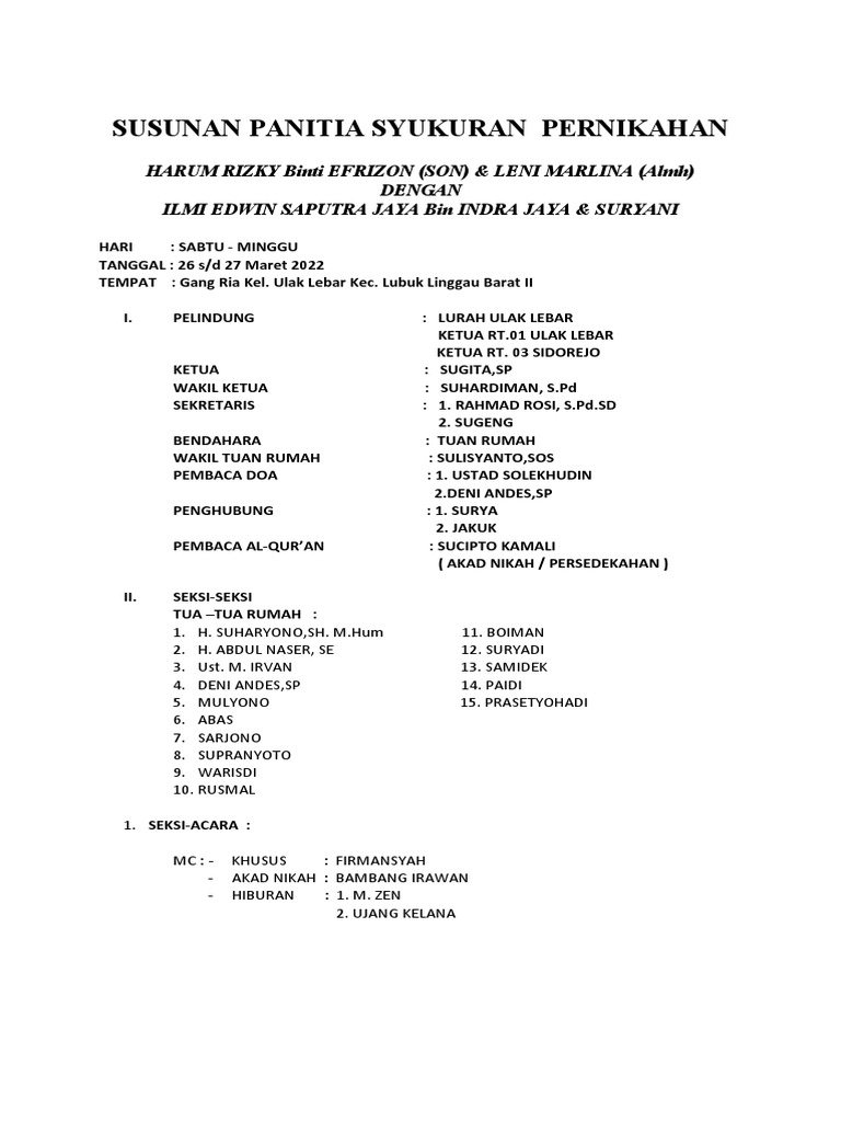 Susunan Panitia Syukuran Pernikahan | PDF | Perjalanan | Griya & Taman