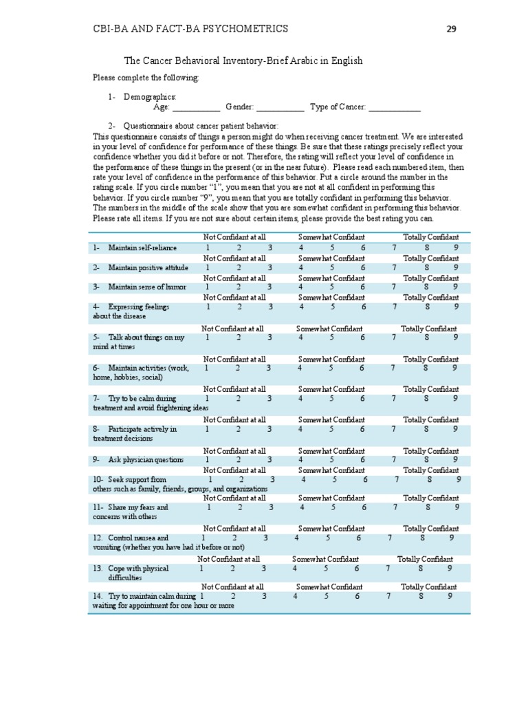 Cbi-Ba and Fact-Ba Psychometrics The Cancer Behavioral Inventory-Brief ...