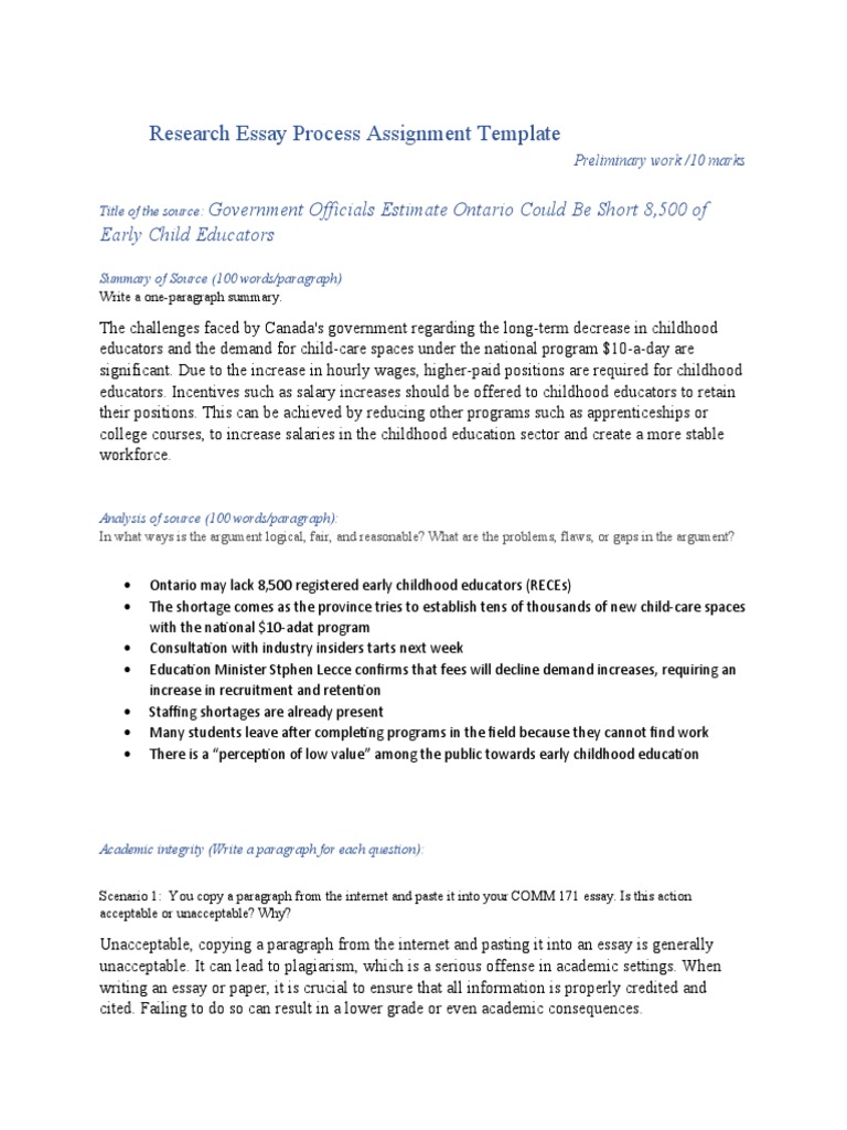Research Essay Process Assignment Template - V1.0 | PDF | Child Care ...