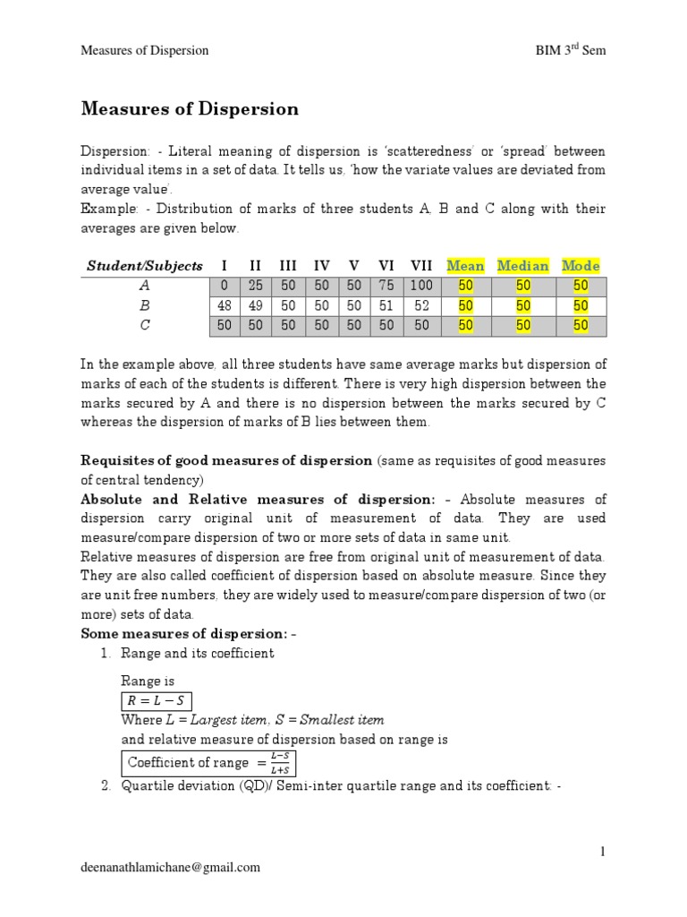 Measures of Dispersion | PDF | Coefficient Of Variation | Standard ...