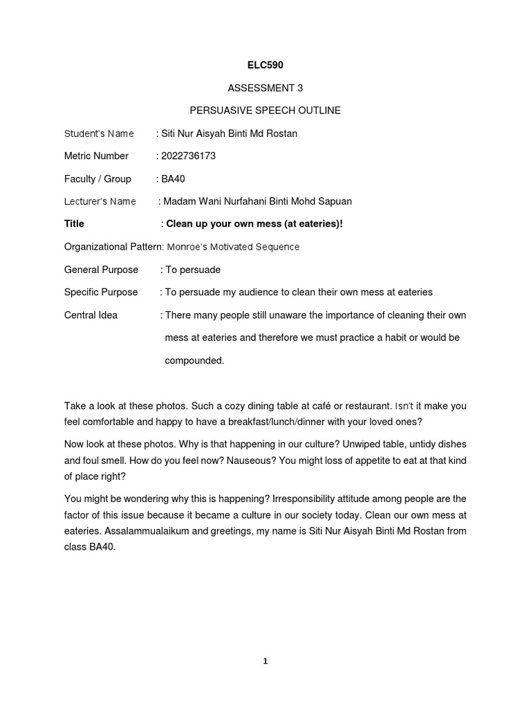 Outline Persuasive Speech Siti Nur Aisyah Binti Md Rostan Pdf Restaurants Morality