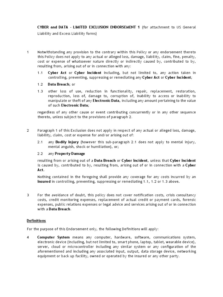 Property Cyber and Data Exclusion Endorsement | PDF | Liability ...