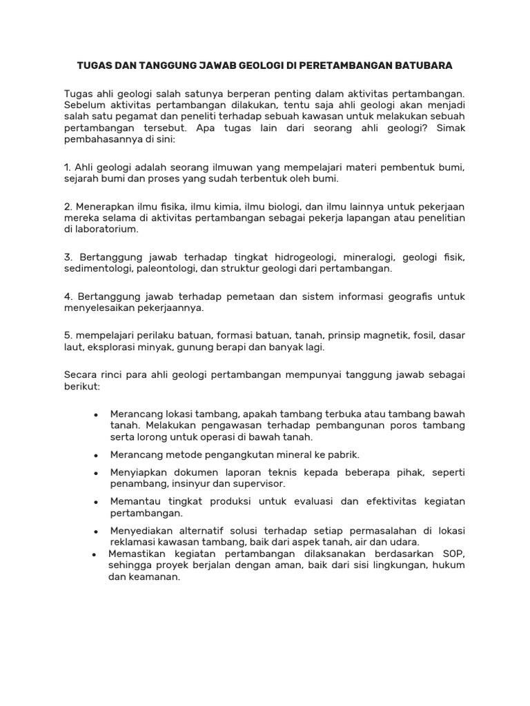 Tugas Dan Tanggung Jawab Geologi Di Peretambangan Batubara | PDF | Sains & Matematika
