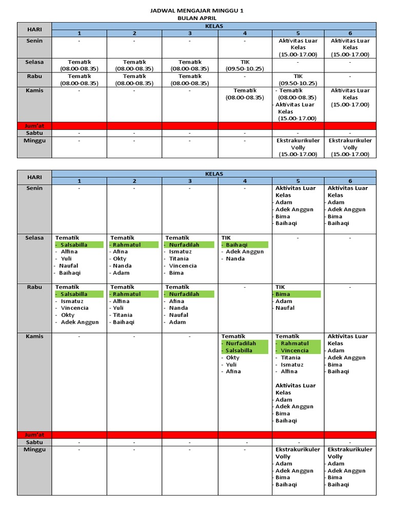Jadwal Mengajar Minggu 1 | PDF