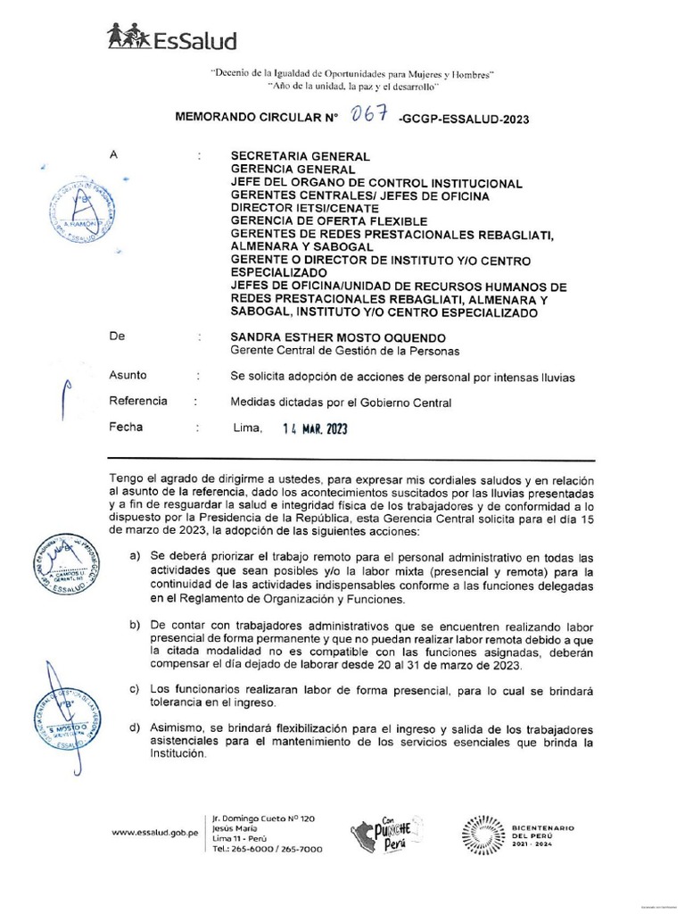 MEMORANDO CIRCULAR N° 067-GCGP-ESSALUD-2023 | PDF