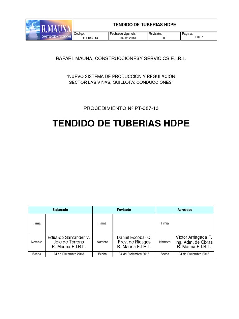 Procedimiento para el tendido seguro de tuberías HDPE | PDF | Tubería (transporte de fluidos ...
