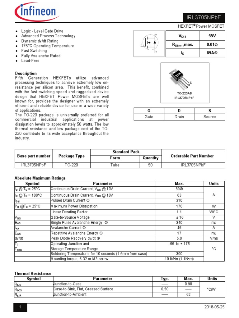 Infineon IRL3705N DS v01 - 02 EN | PDF | Field Effect Transistor | Mosfet