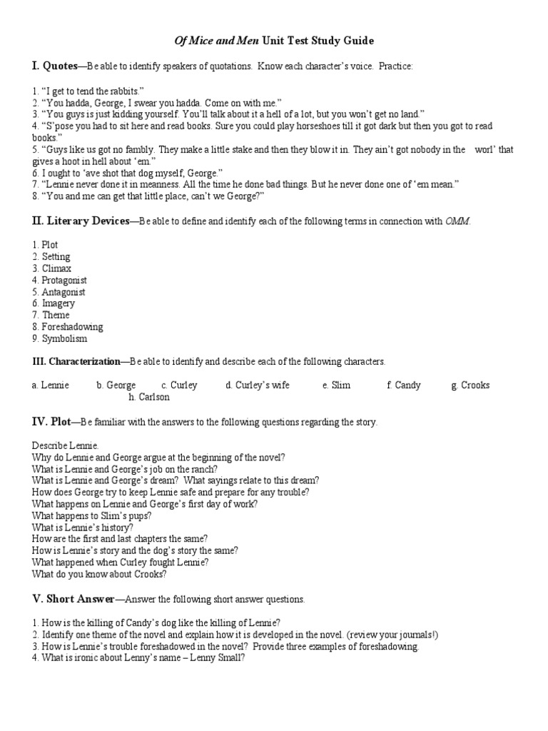 I. Quotes: of Mice and Men Unit Test Study Guide | PDF
