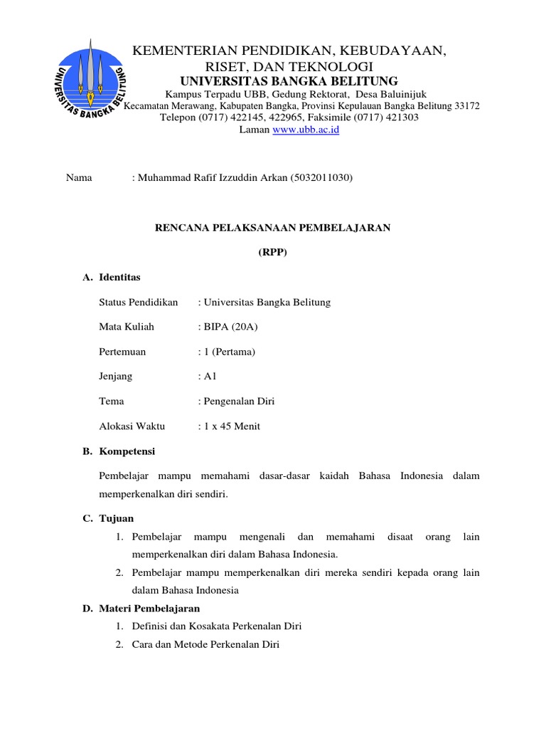BIPA - Muhammad Rafif Izzuddin Arkan - Tugas Membuat RPP | PDF