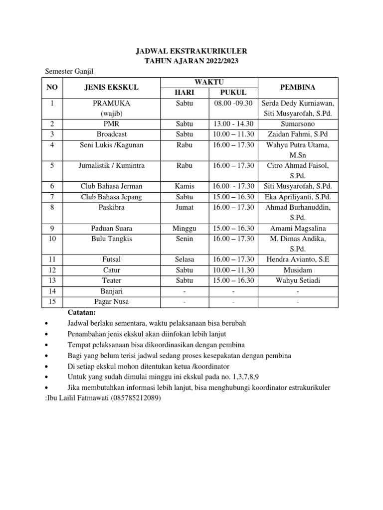 Jadwal Ekstrakurikuler 2022 | PDF