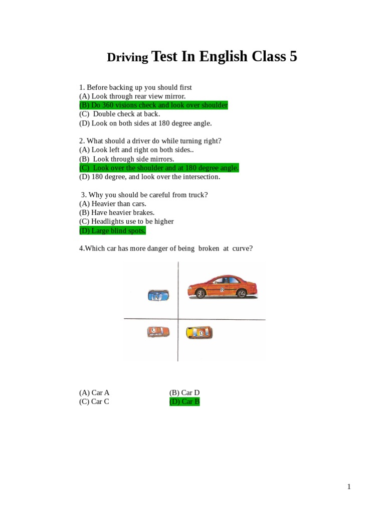 Test in English Class 5: Driving | PDF | Traffic | Intersection (Road)