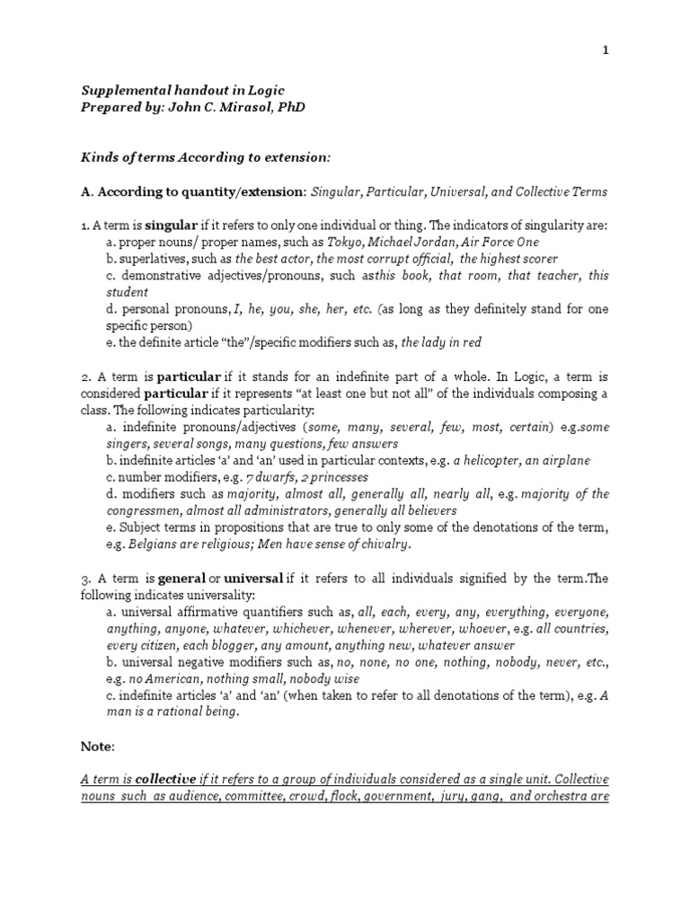 Kinds of Terms According To Extension and Meaning | PDF | Grammatical ...