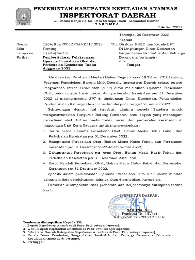 Surat Pemberitahuan Opname Persediaan Obat Dan Alat Kesehetan Tahun ...