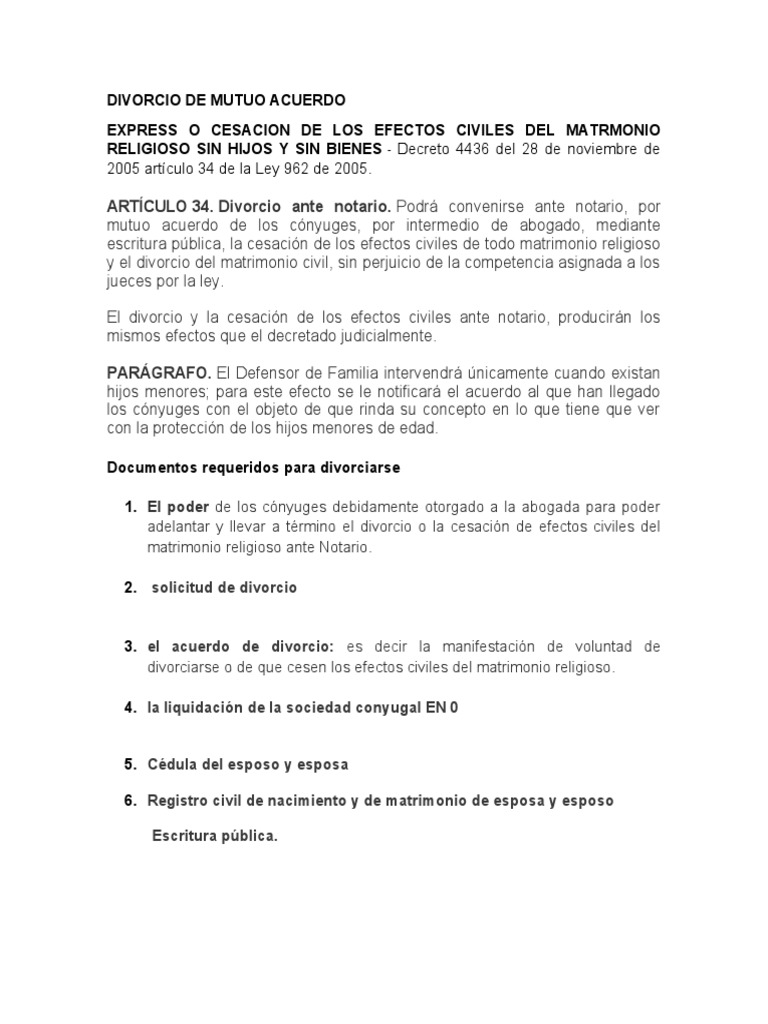 DIVORCIO DE MUTUO ACUERDO sin hijos sin bienes | PDF