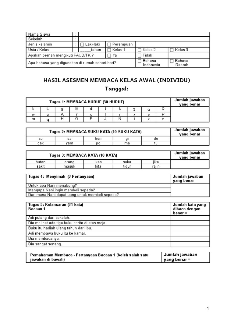 Hasil Asesmen Membaca Kelas Awal Siswa SD | PDF