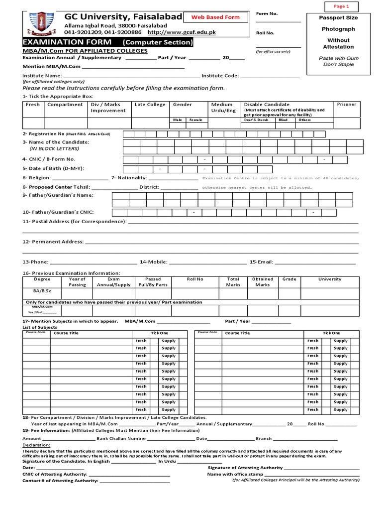 GC University, Faisalabad: Examination Form | PDF | Master Of Business ...