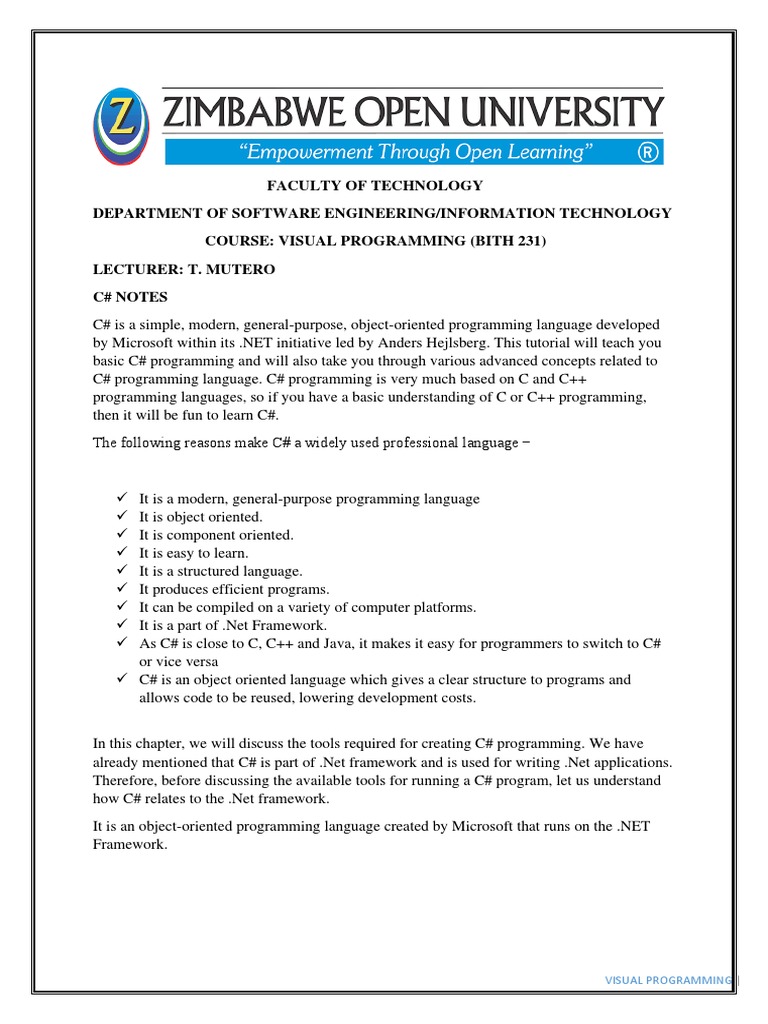 Visual Programming Using C Notes Pdf C Sharp Programming Language Boolean Data Type 5302