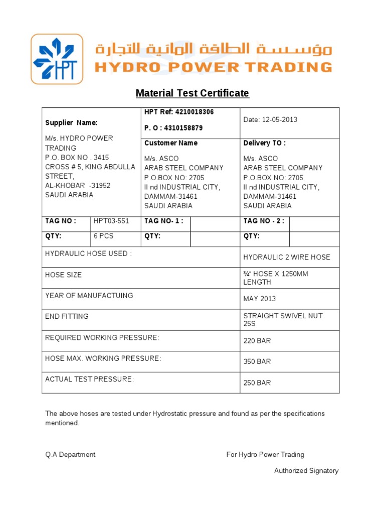 Material Test Certificate HOSESn | PDF