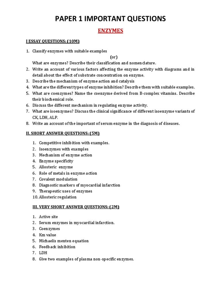Important Questions Paper 1 | PDF | Enzyme | Glycolysis