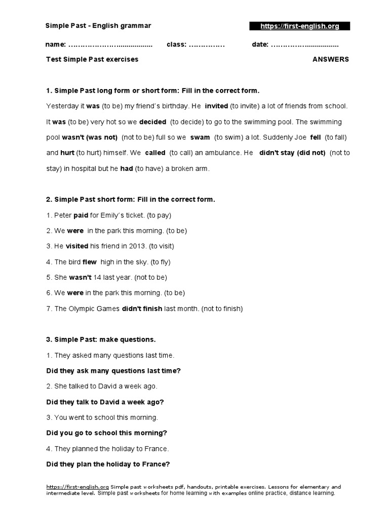 Simple Past 85 Mixed Exercises Answers | PDF