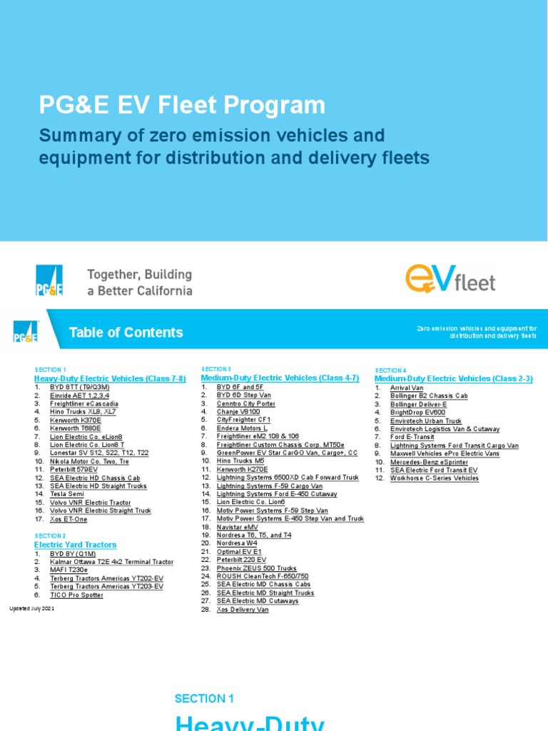 PG&E EV Fleet Program: Summary of Zero Emission Vehicles and Equipment For Distribution and ...