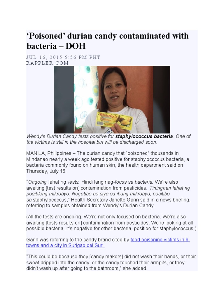 Article - Poisoned' Durian Candy Contaminated With Bacteria - DOH | PDF ...