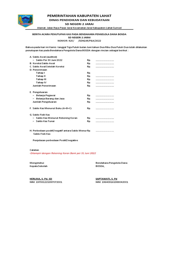 Laporan Penutupan Kas BOSDA SD | PDF
