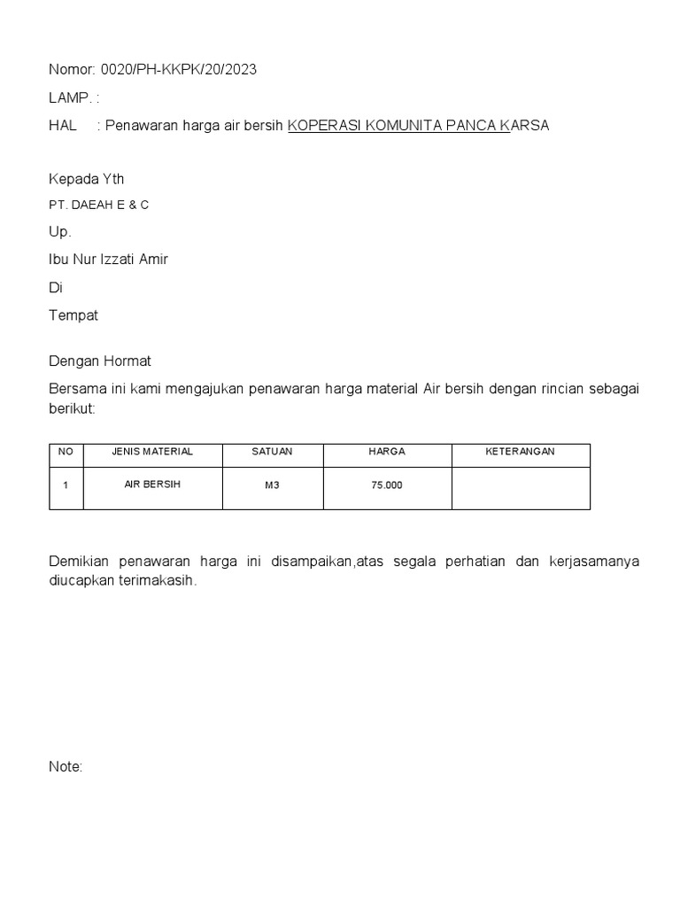 Pt. Daeah E & C: NO Jenis Material Satuan Harga Keterangan 1 Air Bersih ...
