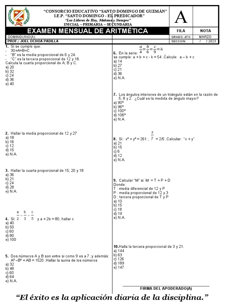 Examen Aritmética 4to Grado | PDF