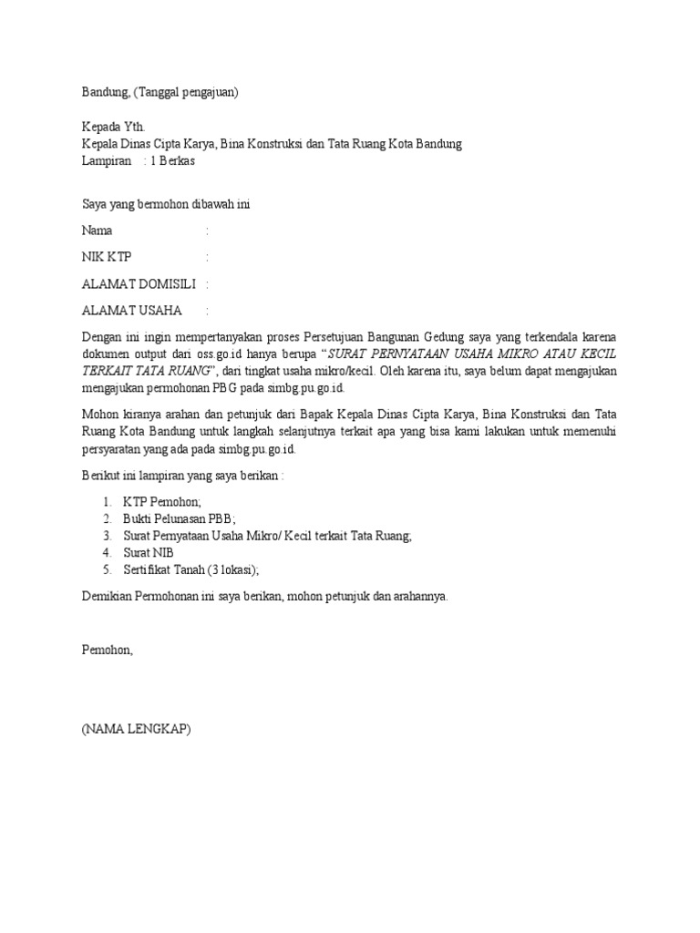 Format Pengajuan KKPR Berusaha Diciptabintar Kota Bandung | PDF