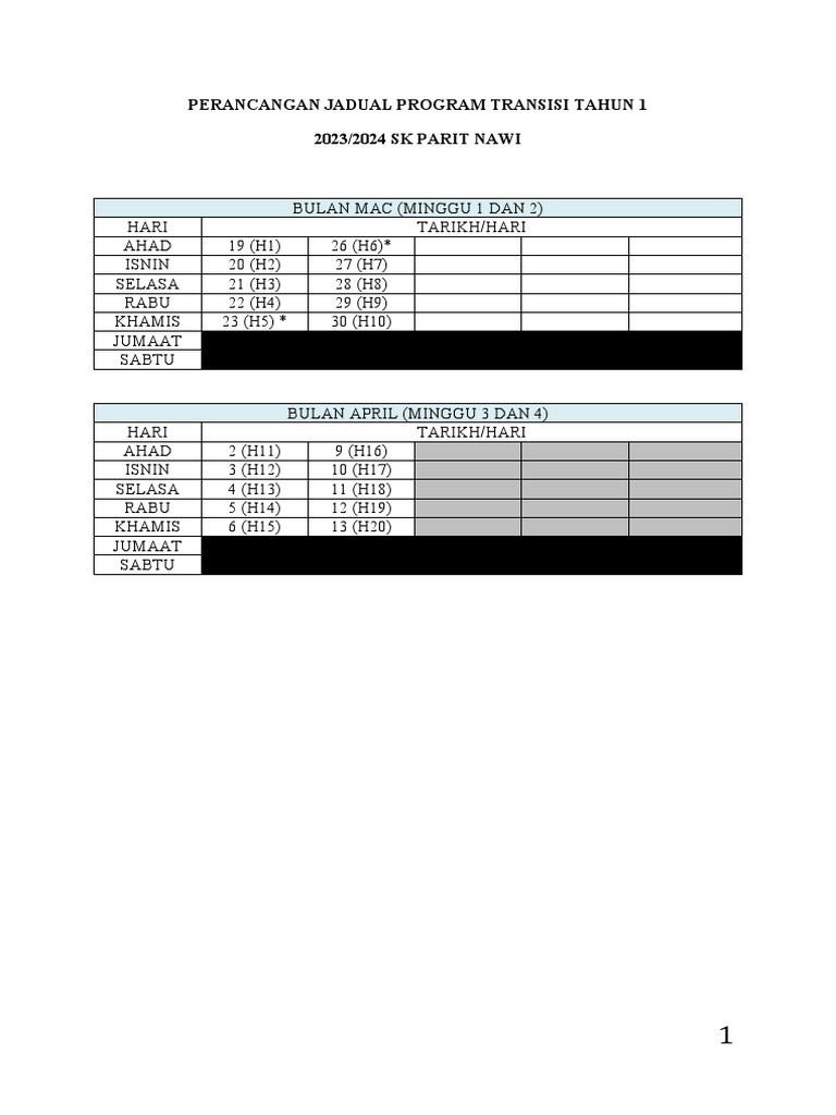 Jadual Minggu Transisi 2022 2023 SKPN | PDF