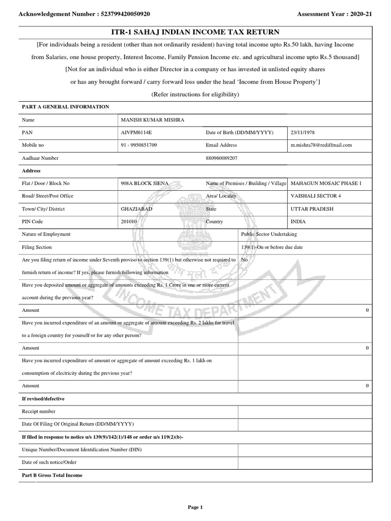 Itr-1 Sahaj Indian Income Tax Return: Acknowledgement Number ...