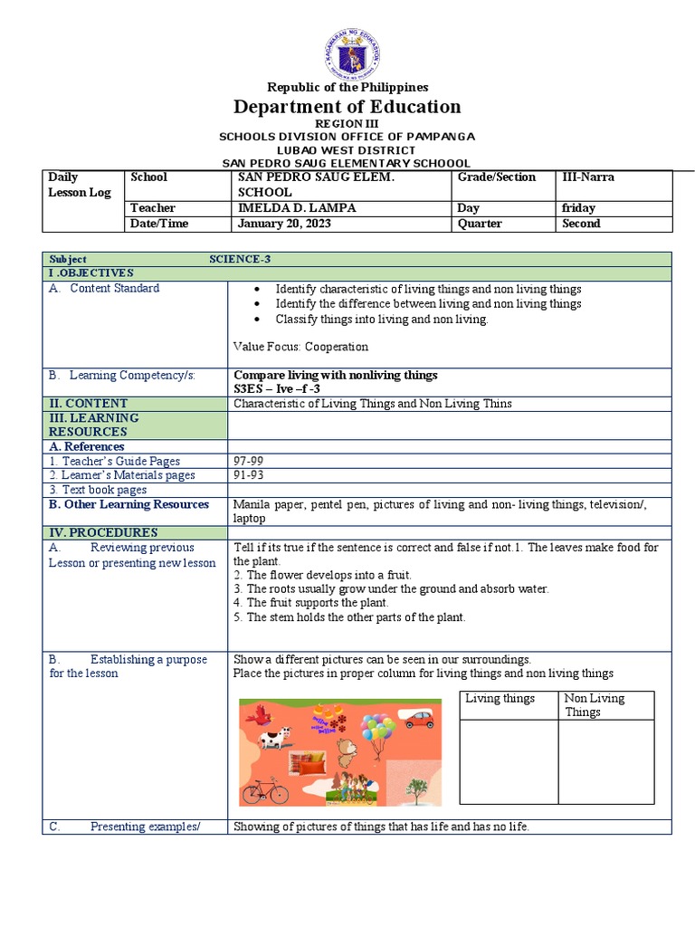 Grade 3 Lesson Plan: Living vs Non-Living | PDF | Cognition | Learning