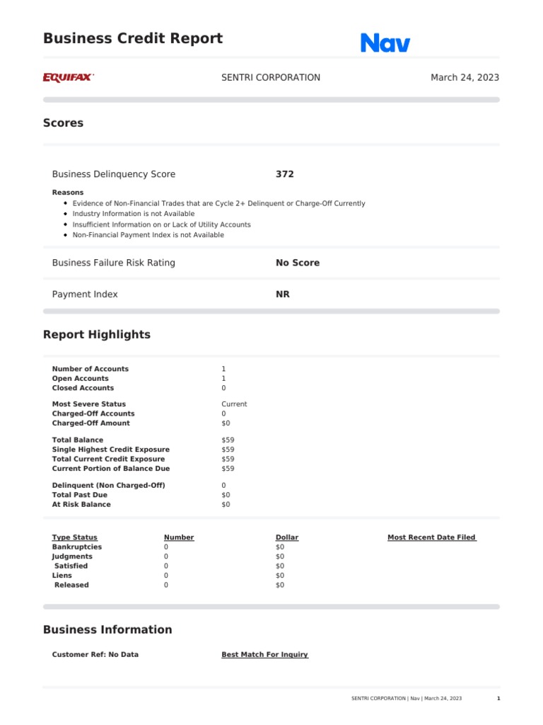 Equifax Business Report Summary - SENTRI CORPORATION 03-24-2023 | PDF ...
