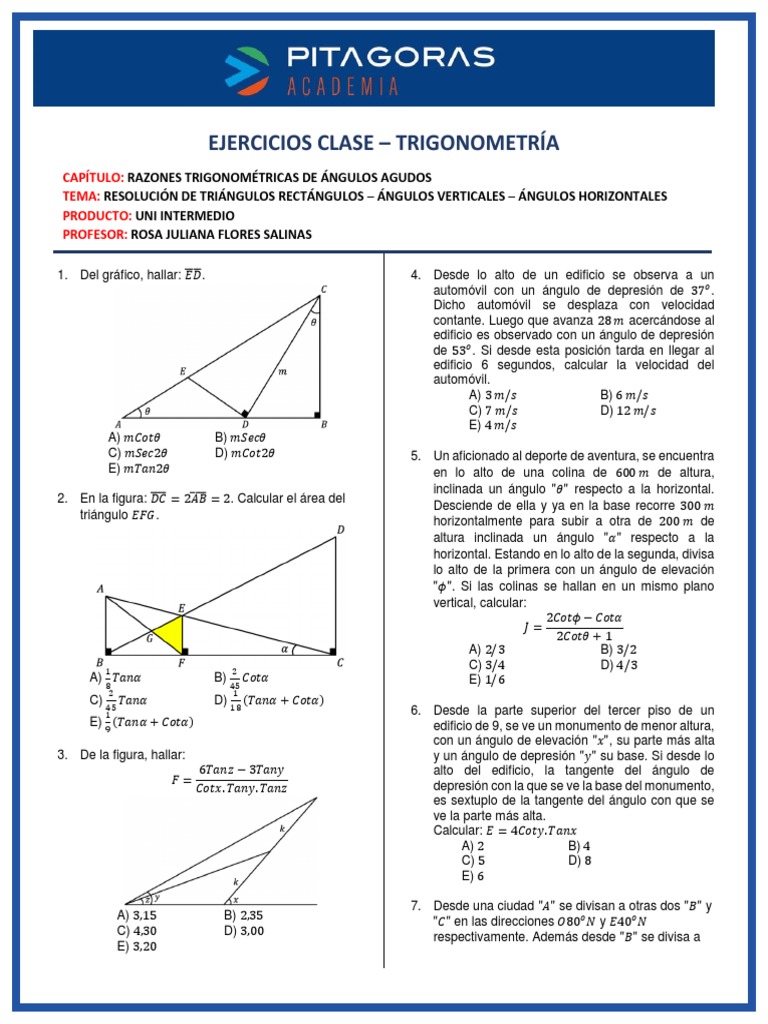 Resolución de Triángulos Rectángulos, Ángulos Verticaales | PDF ...
