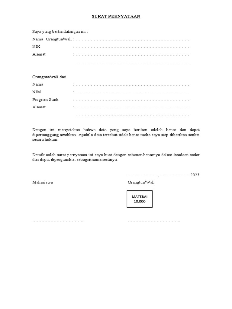 Surat Pernyataan Keabsahan Data KIP-Kuliah Tahun 2023 | PDF