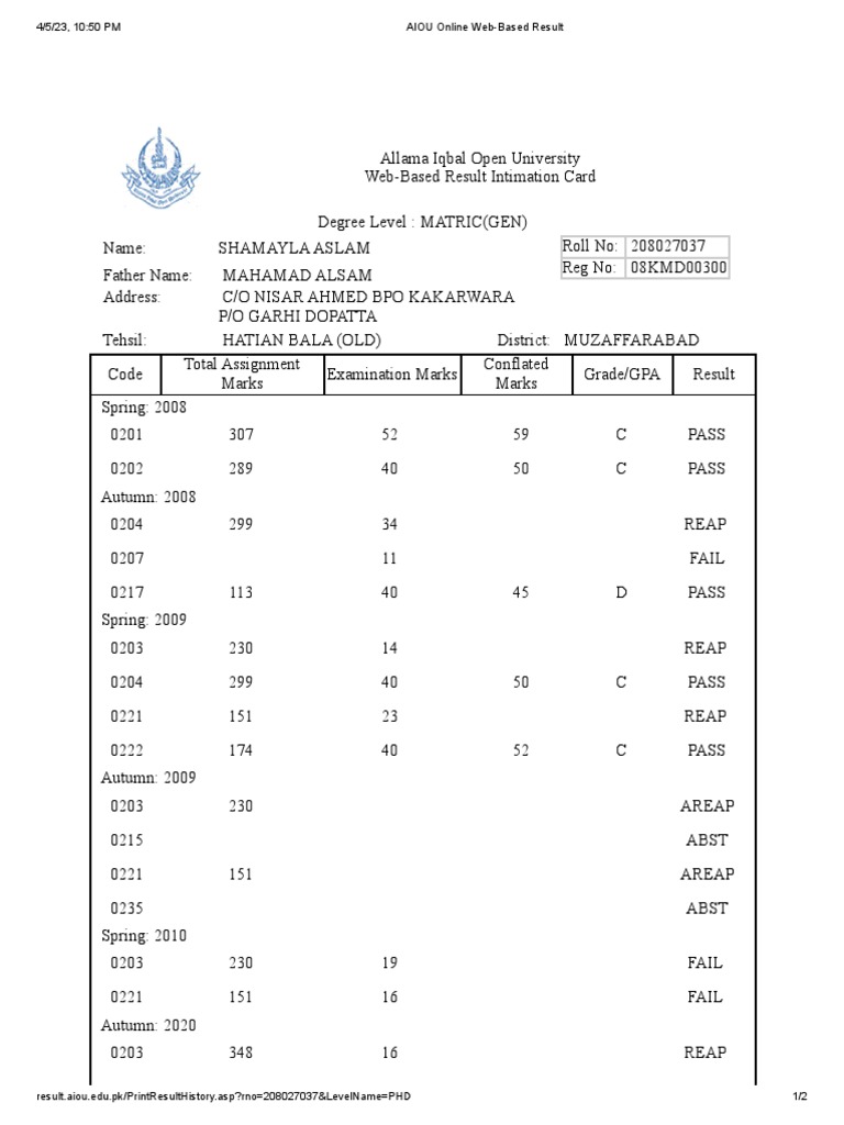 AIOU Online Web-Based Result | PDF