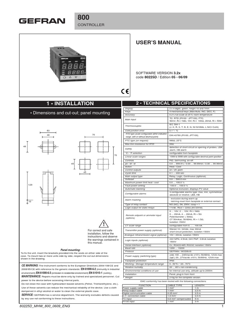Gefran 800 CONTROLLER Manual | PDF | Power Supply | Relay