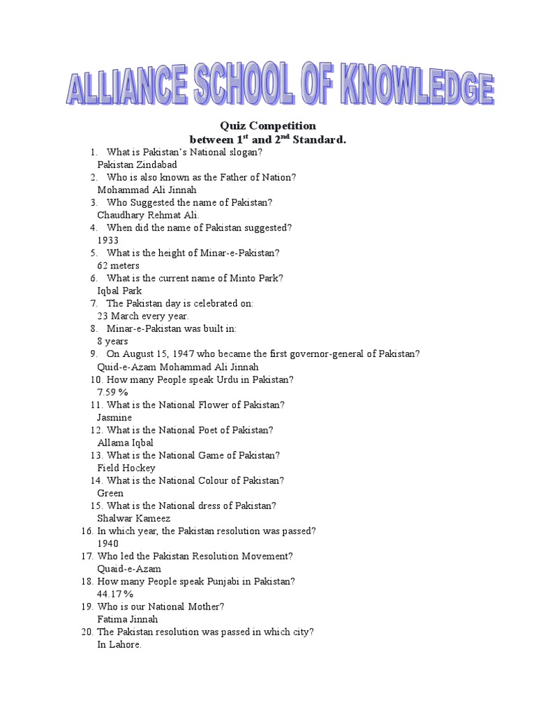 Pakistan General Knowledge Quiz | PDF