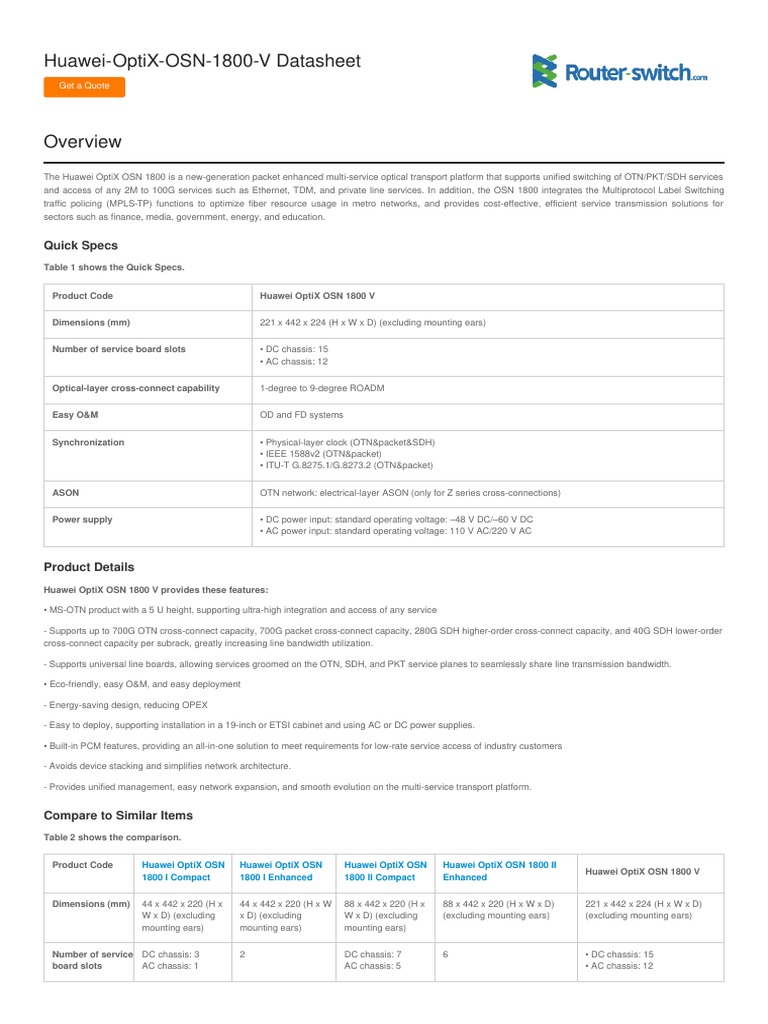 Huawei Optix Osn 1800 V Datasheet | PDF | Alternating Current | Mains ...