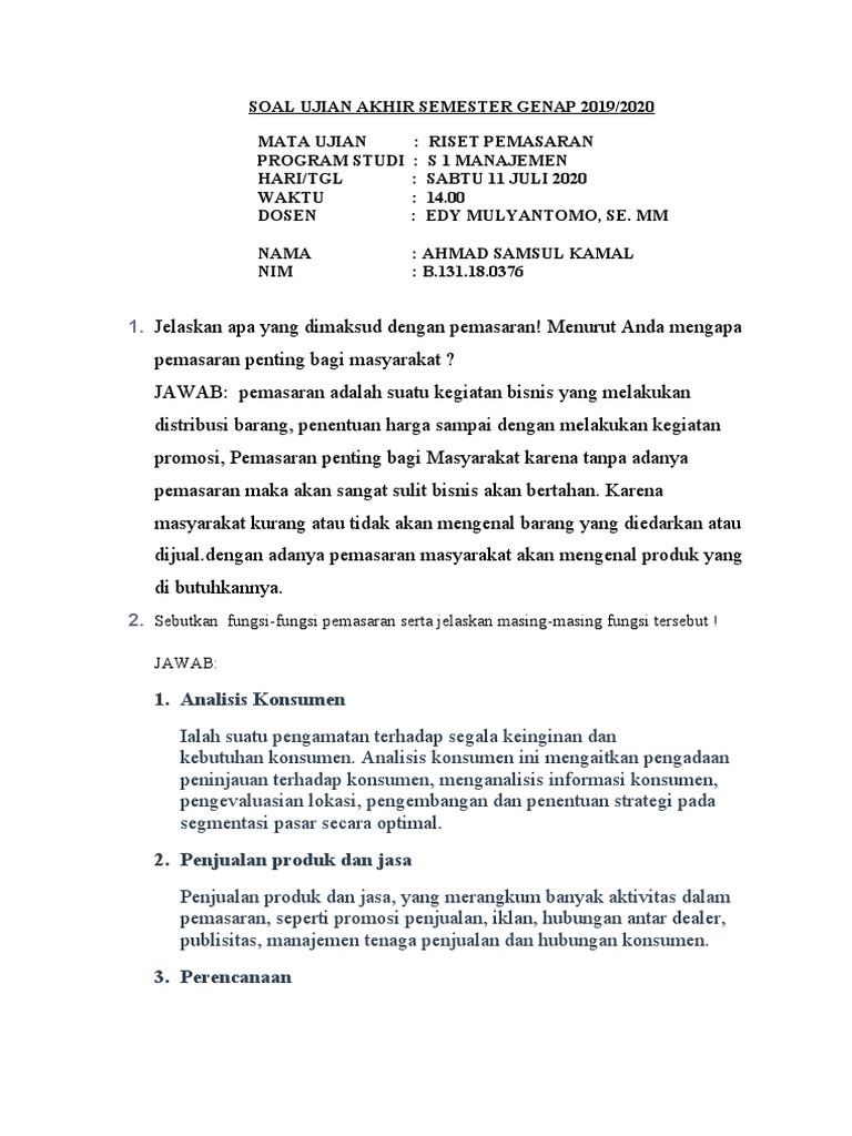 Riset Pemasaran: Soal UAS 2020 | PDF | Bisnis