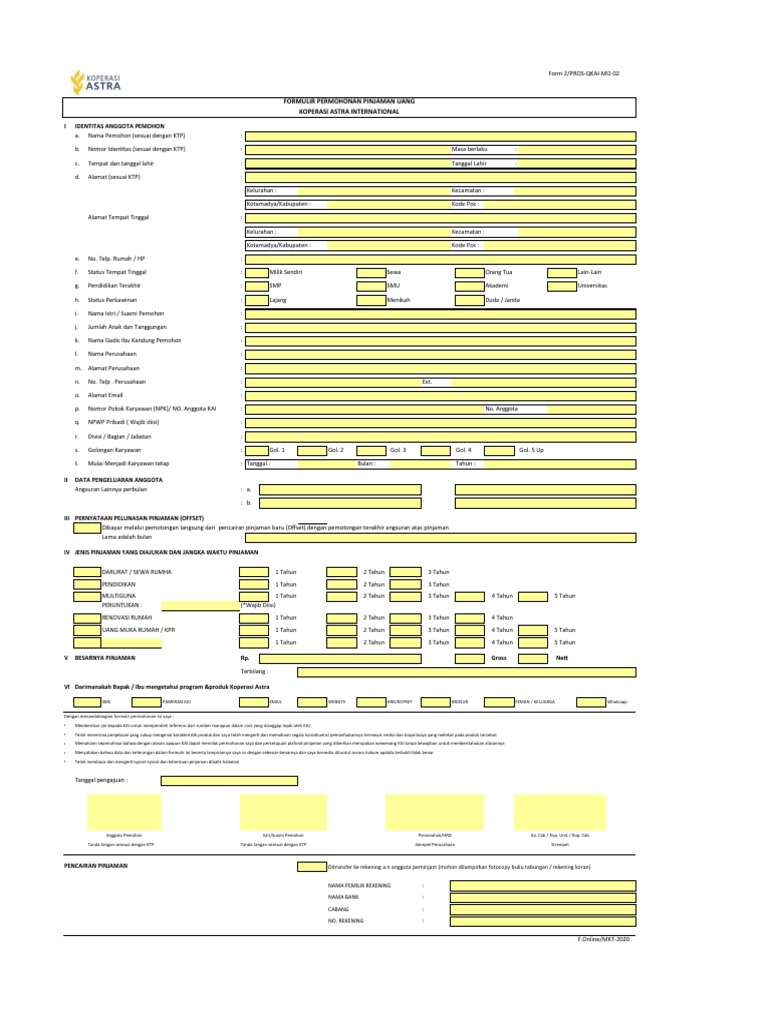 Formulir Permohonan Pinjaman Uang Koperasi Astra International | PDF