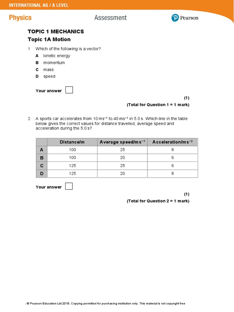 IAS Physics SB1 Assessment 1A | PDF | Force | Mass