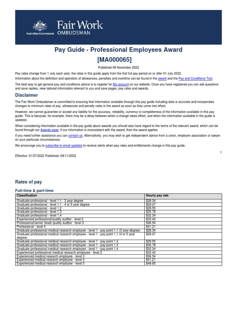 Pay Guide - Professional Employees Award (MA000065) : Disclaimer | PDF ...