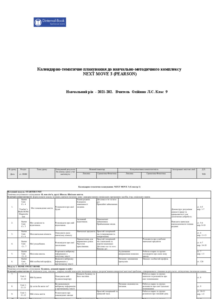 Календарно-тематичне планування до навчально-методичного комплексу Next ...