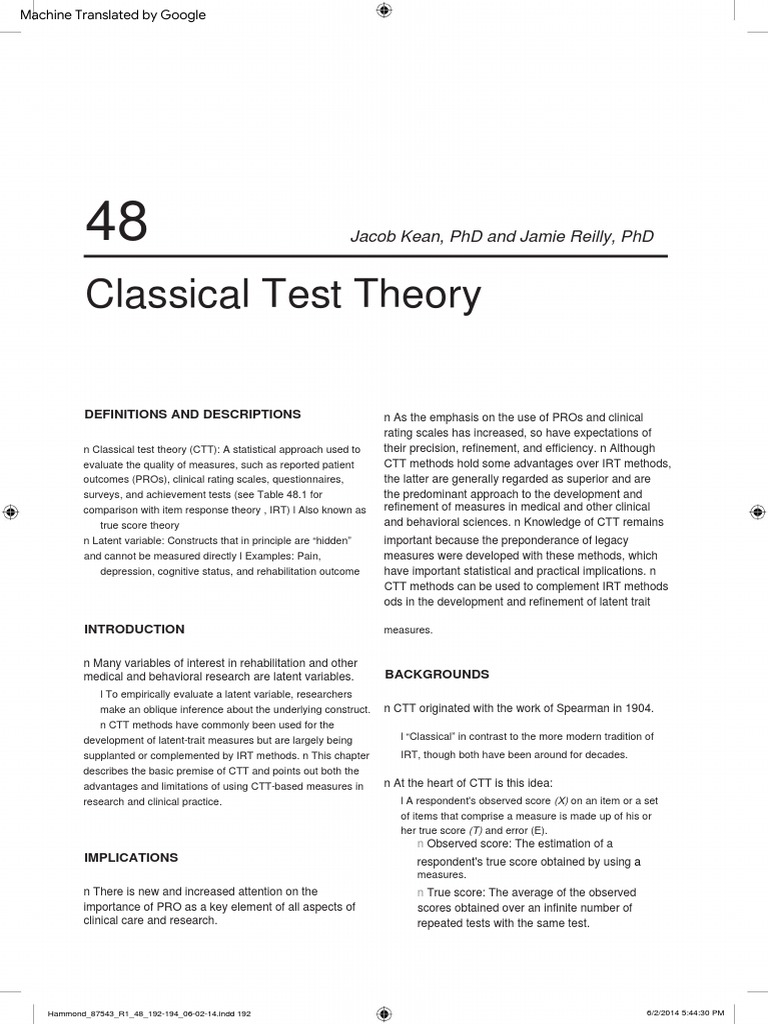 Classical Test Theory Jacob Kean Phd And Jamie Reilly Phd Pdf Statistics Methodology