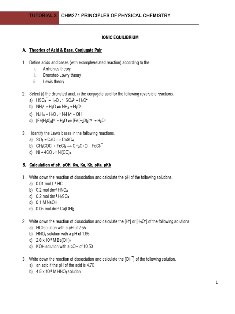 CHM271 - Tutorial 3 - Ionic Equilibrium | PDF | Acid | Acid Dissociation Constant