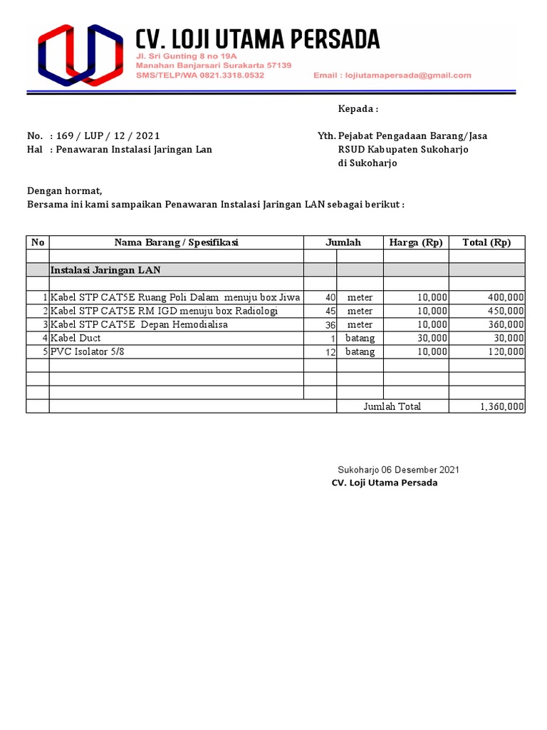 penawaran & invoice instalasi kabel LAN desember | PDF